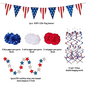 Fourth of July Decorations Red White Blue Decorations Set of Paper Fans, USA Flag Pennant Bunting, Pom Poms, Hanging Swirls, Star Streamer, Head Bopper for Memorial Day Veterans Decor