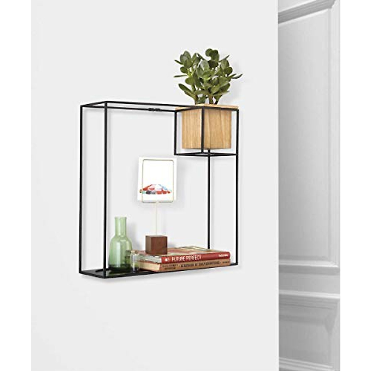 Umbra Cubist Floating Shelf with Built-In Succulent Planter – Modern Wall Décor and Geometric Display Shelf for Books, Candles, Mementos, Photos, Indoor Plants and More! | Large, Black