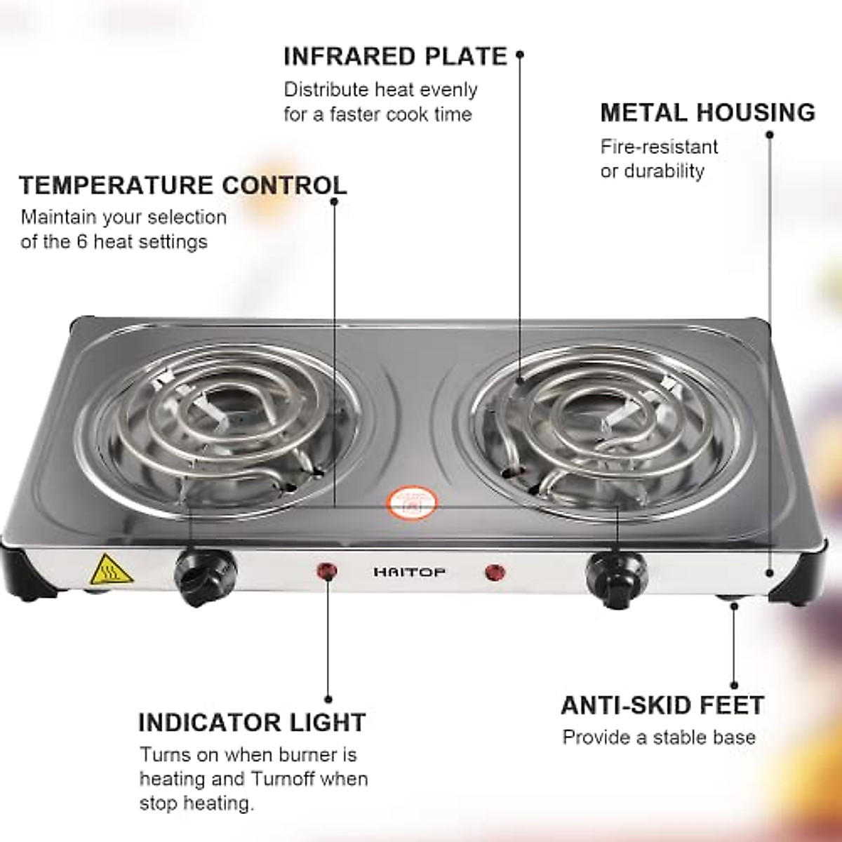 HAITOP Countertop Burner Electric Double Burners 2000 Watts Electric Hot Plate Temperature Controls Power Indicator Lights Easy to Clean