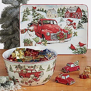 Certified International Red Truck Snowman Rectangular Platter, 16" X 12"