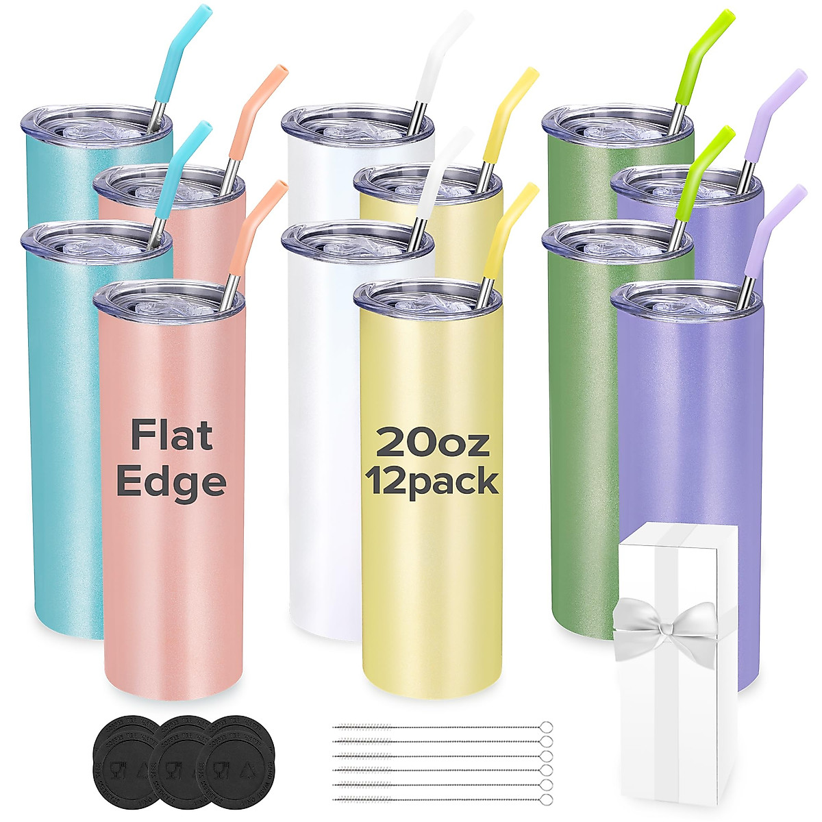 FASTSUB Sublimation Tumblers 20 oz Blank Bulk Glitter Cups Straight Skinny Stainless Steel Double Wall Vacuum Insulated with Lids and Straws Coaster for Tumbler Heat Press Multicolored 12 Pack
