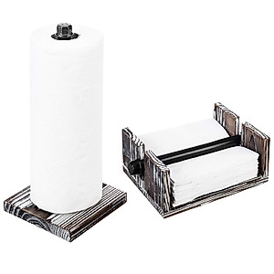 MyGift Torched Wood and Industrial Metal Paper Towel and Napkin Holder Set, Countertop Paper Towel Holder and Flat Napkin Holder with Weighted Arm