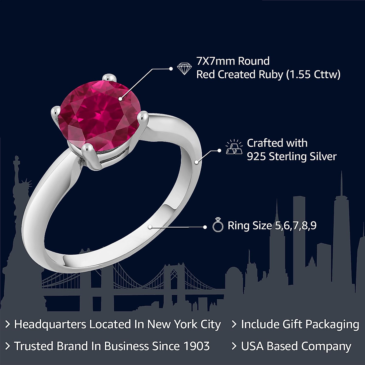 Gem Stone King 925 Sterling Silver Round 7MM Gemstone Birthstone Solitaire Engagement Ring | Wedding Engagement Anniversary Promise Ring For Women