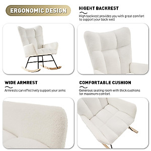 Nolohoo Rocking Chair Nursery, Teddy Upholstered Nursery Rocker Rocking Accent Chair with High Backrest Armrest for Mom, Baby, Bedroom and Living Room, White Teddy