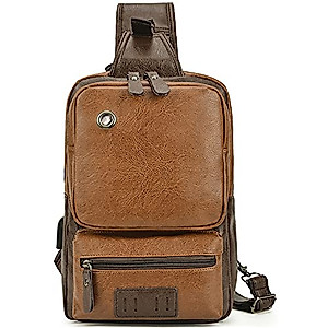 Men's Sling Bag Crossbody Backpack Shoulder Bag Vintage PU Leather Sling Backpack For Cycling USB Charger (Brown)