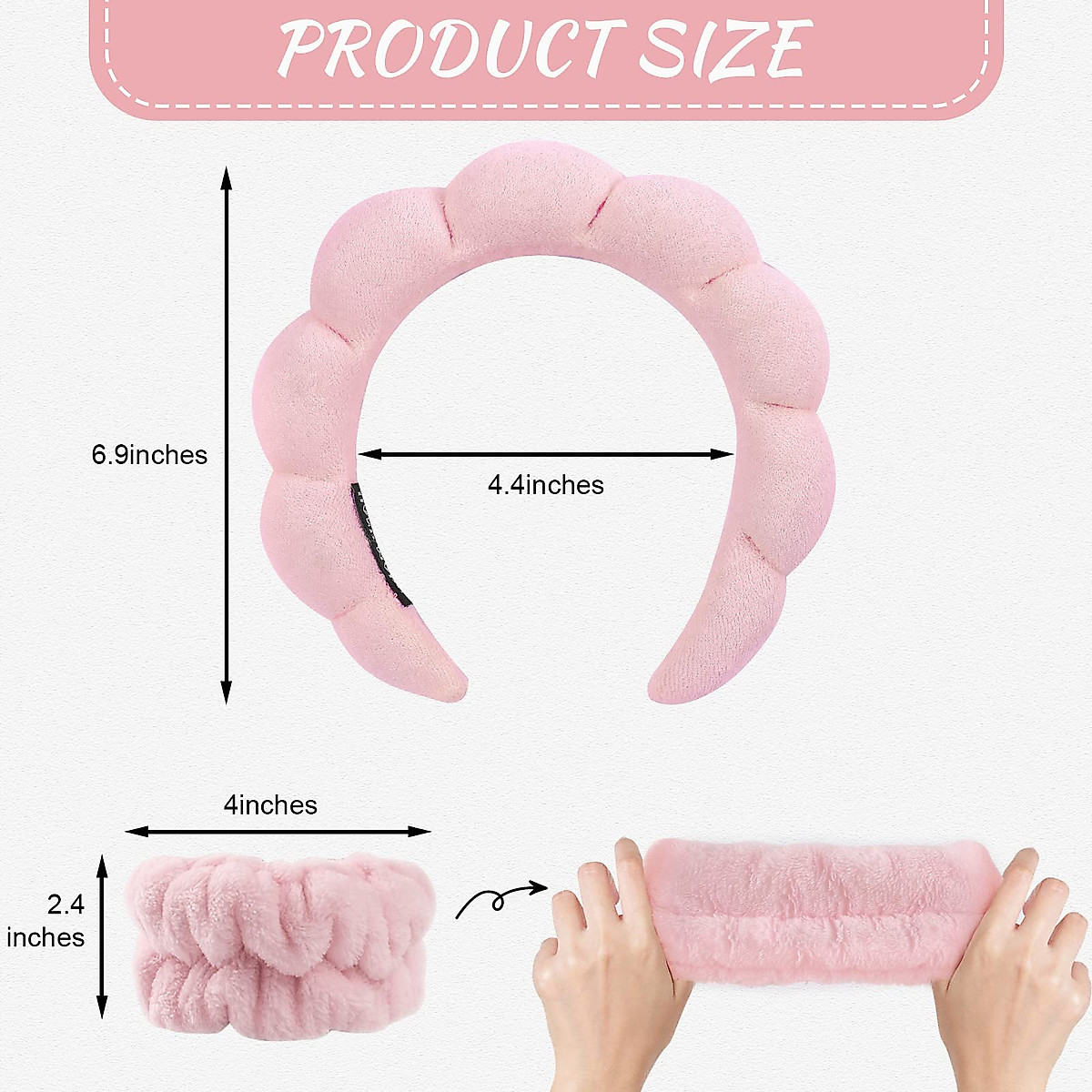 YJTIMEGS Sponge Spa Headband for Washing Face, Spa Terry Towel Cloth Fabric Head Band with 2PCS Wrist Washband, Bubble Headband Makeup Headband for Face Washing Shower Skincare Makeup Removal(Pink)