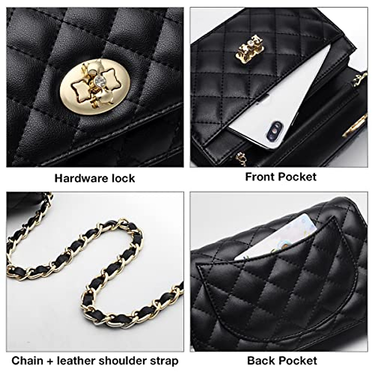 FOXLOVER Women’s Mini Crossbody Bags Purses Quilted Chain Shoulder Bag for Women Real Leather Casual Handbag (Black)