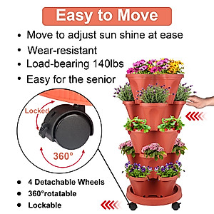 DUNCHATY Stackable Planter with Removable Wheels and Garden Tools, Garden Planting Tower Planters, Indoor Outdoor Gardening Pots - 5 Tier Vertical Garden Planter