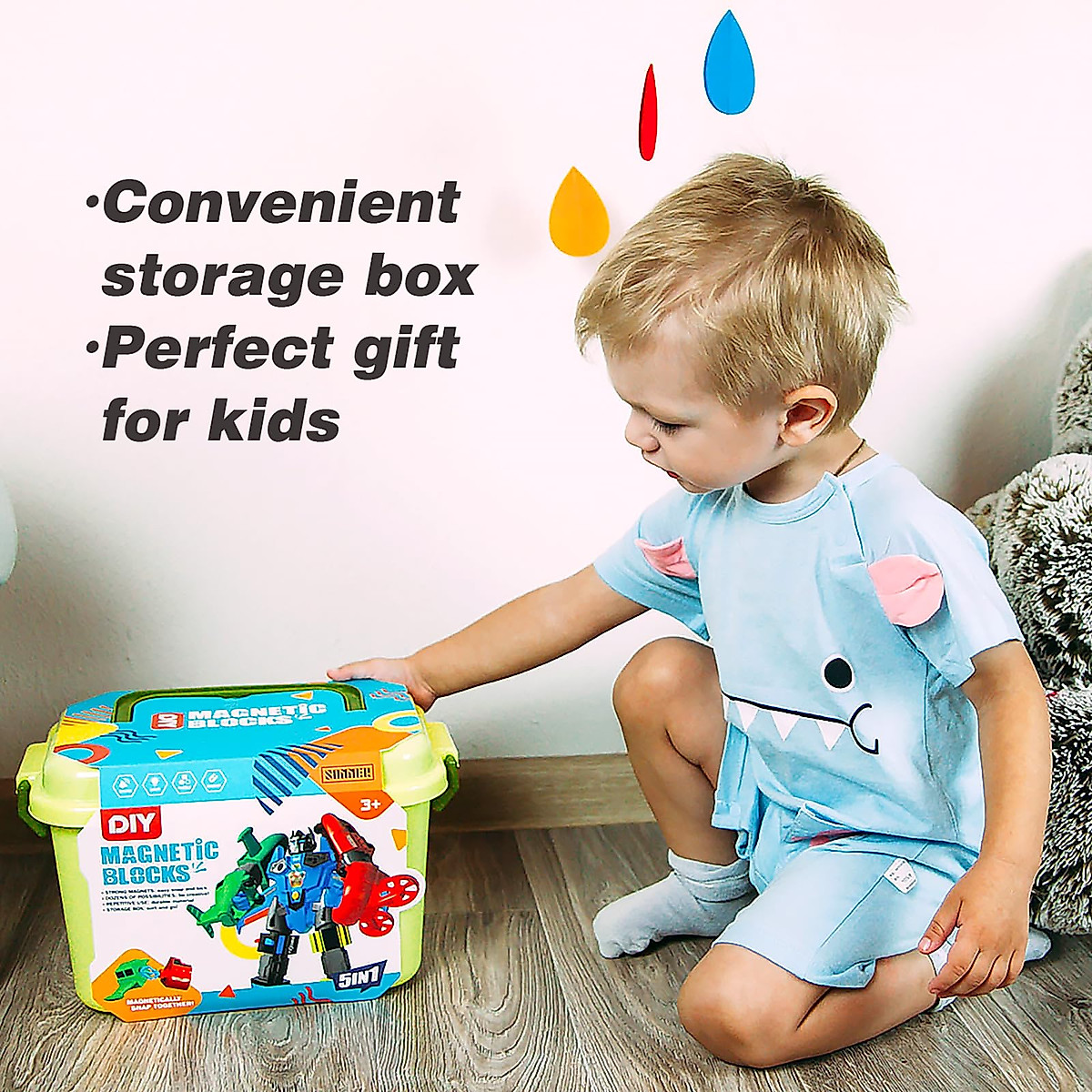 SOMMER 5-in-1 Magnetic Vehicles Toy Playset, Mix and Match STEM Stacking Assembling Car Kit with Storage Box, Transform into Robot, Birthday Gift for Toddler Kids 3 4 5 6 7 Year Old Boys Girls