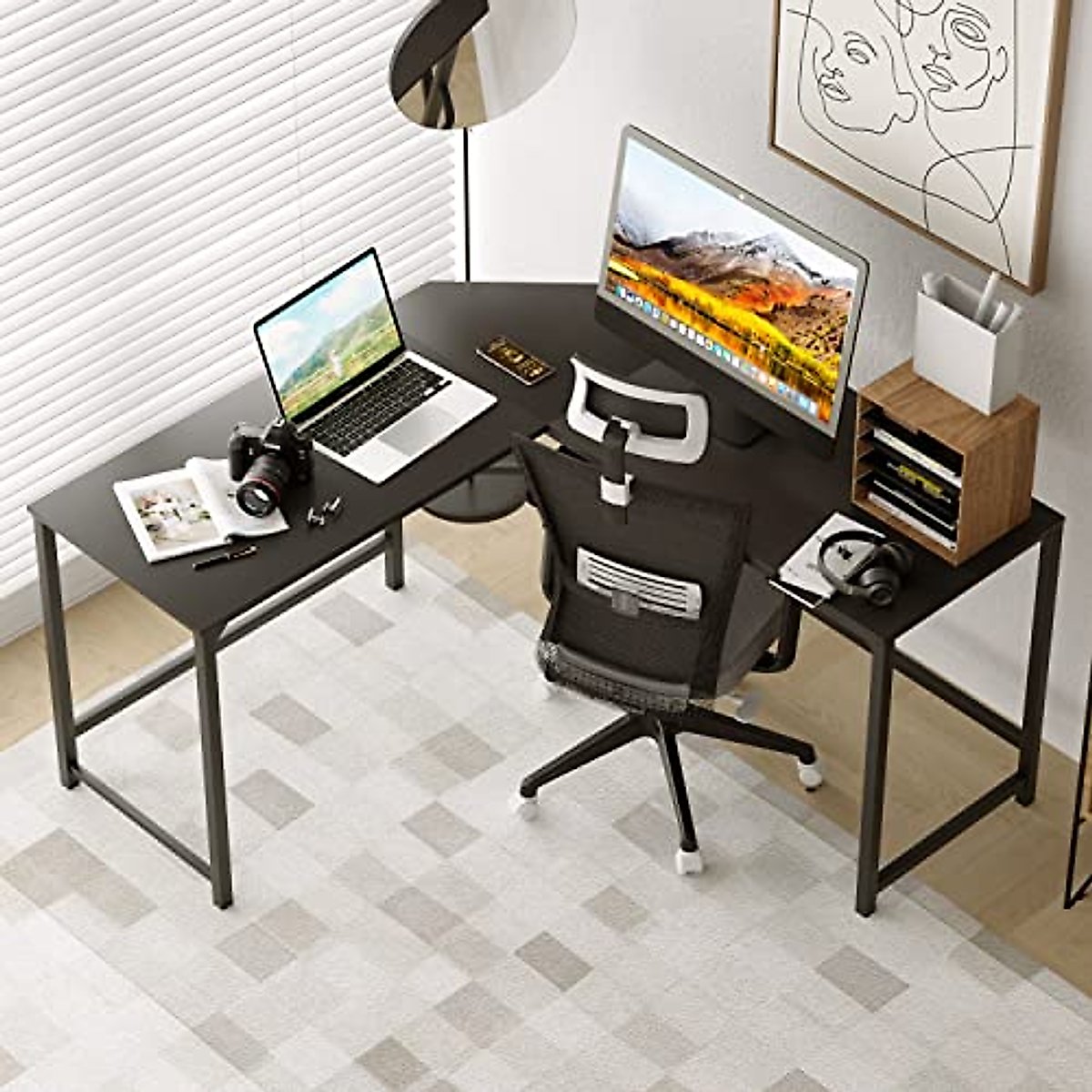 TinyTimes 54.3" L-Shaped Computer Desk, Corner Desk, Computer Desk, for Home Office Writing Study Workstation Industrial Style PC Laptop Table Gaming Desk Save Space Easy Assembly -Black