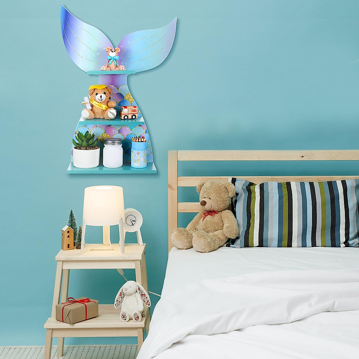 Bencailor Wall Decor Shelf Bedroom Hanging Shelf Wall Mounted Shelf Wooden Floating Shelves Bathroom Decor for Girls Bedroom Nursery Gift (Delicate Mermaid)