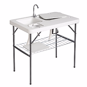 Outvita Fish Cleaning Table Folding Portable Camping Sink Table with Sink Faucet Drainage Hose/Outdoor Camping Table with Grid Rack & Knife Groove,Fish Fillet Hunting Cleaning Cutting Table,White