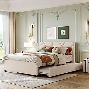 GJHOME Queen Size Upholstered Platform Bed Frame for Boys Girls Kids Adults Toddler with Brick Pattern Headboard and Twin XL Size Trundle, Linen Fabric, Beige