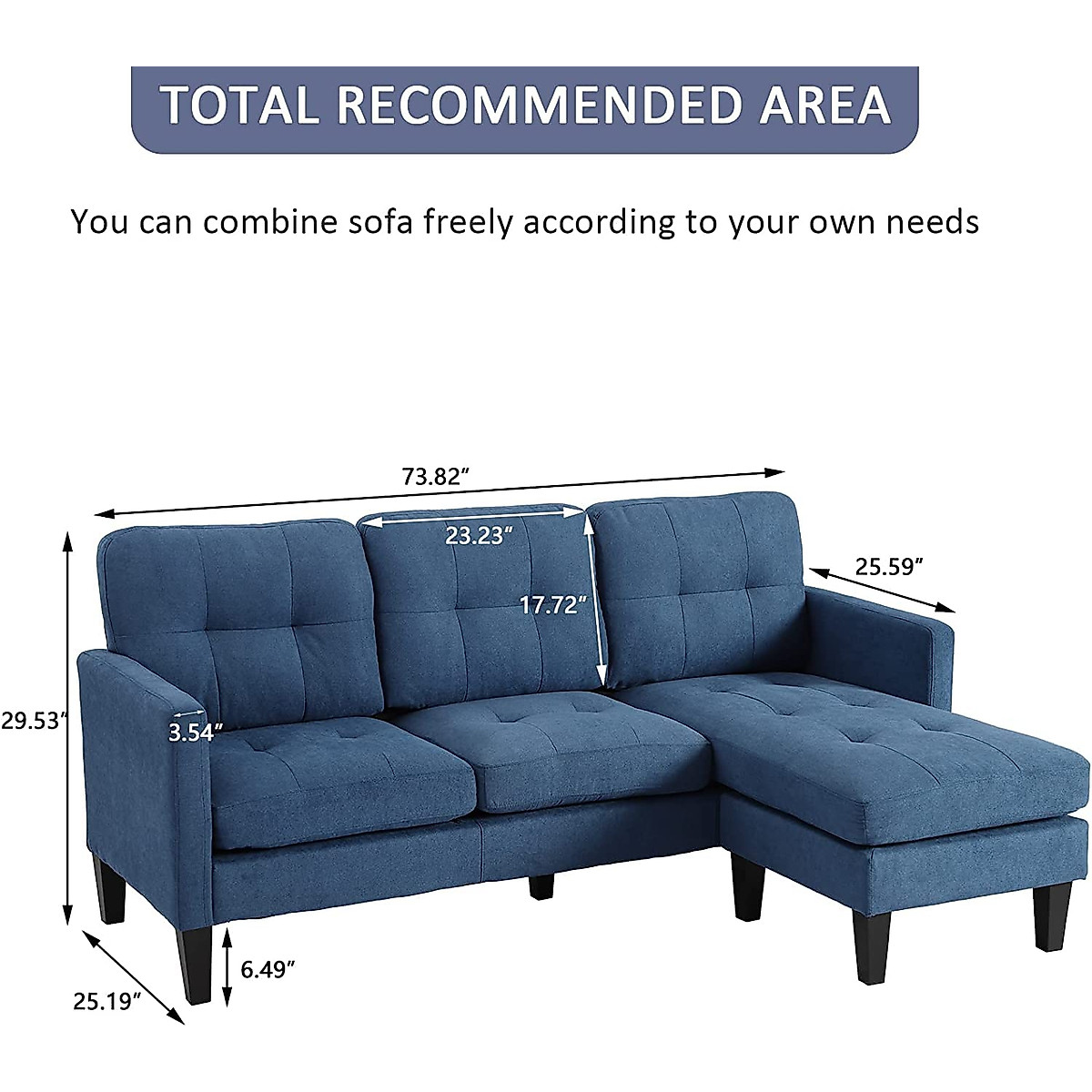 Grepatio Convertible Sectional Sofa Couch, L-Shaped Couch with Modern Linen Fabric for Small Space (Blue)