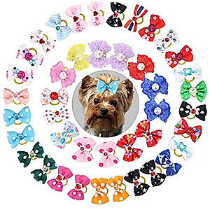 Comsmart 60Pcs 30 Pairs Yorkie Dog Puppy Hair Bows with Rubber Bands & Rhinestone Pearls & Handmade Lace Fabric, Cute Pet Small Hair Bowknot Grooming Accessories