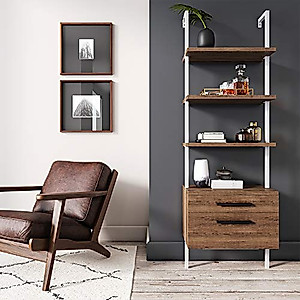 Nathan James Theo 6-Shelf Tall Bookcase, Rustic Oak/White & Theo Industrial Bookshelf with Wood Drawers and Matte Steel Frame, 3-Shelf, Oak/White