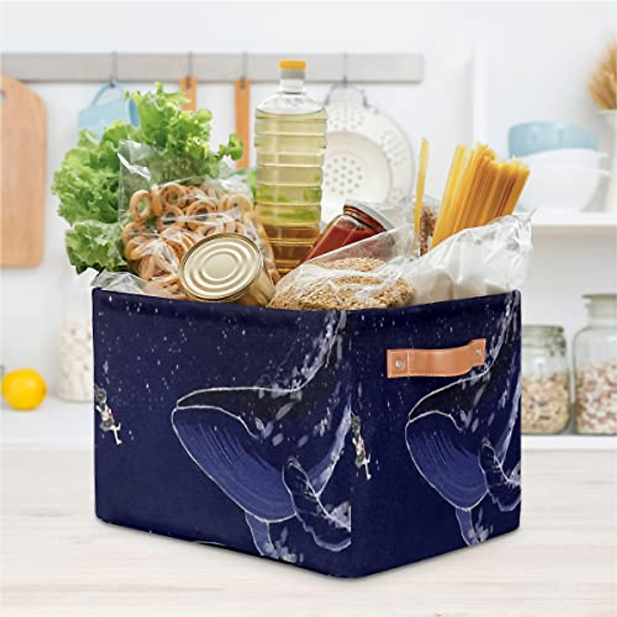 Pardick Large Collapsible Storage Bins ,Universe Whale Decorative Canvas Fabric Storage Boxes Organizer with Handles，Rectangular Baskets Bin for Home Shelves Closet Nursery Gifts