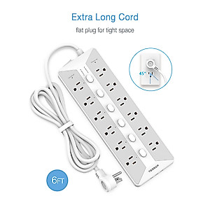 Power Strip with USB, Individual Switches, TESSAN 12 Outlets and 3 USB Ports, Long Extension Cord 6 Feet with Surge Protector for Home, Dorm and Office Accessories, 1700J Protection, Gray