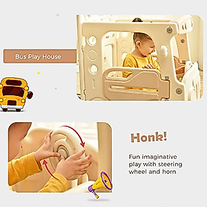 Merax 5-in-1 Kids Slide with Swing, Indoor Baby Slide Swing Set with Basketball Hoop, Climber & Bus Playhouse, Outdoor Slide Playset for Toddlers Age 1+ (Bus Swing & Slide Beige)