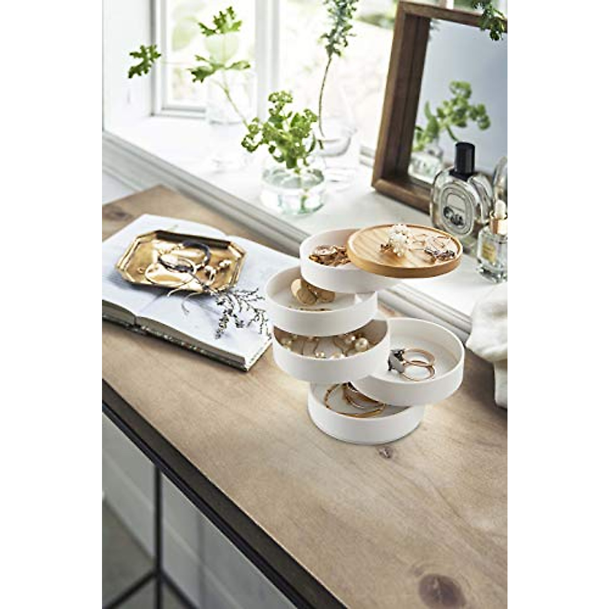 Yamazaki Box Home Stacked Accessory Trays with Wooden Lid | Plastic | Jewelry Organizer, One Size, White