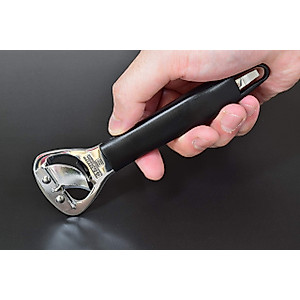 Seki Japan Hand Held Manual Can Opener, Heavy Duty Stainless Steel Bottle Opener, 4.3" Black Plastic Handle for Right-handed