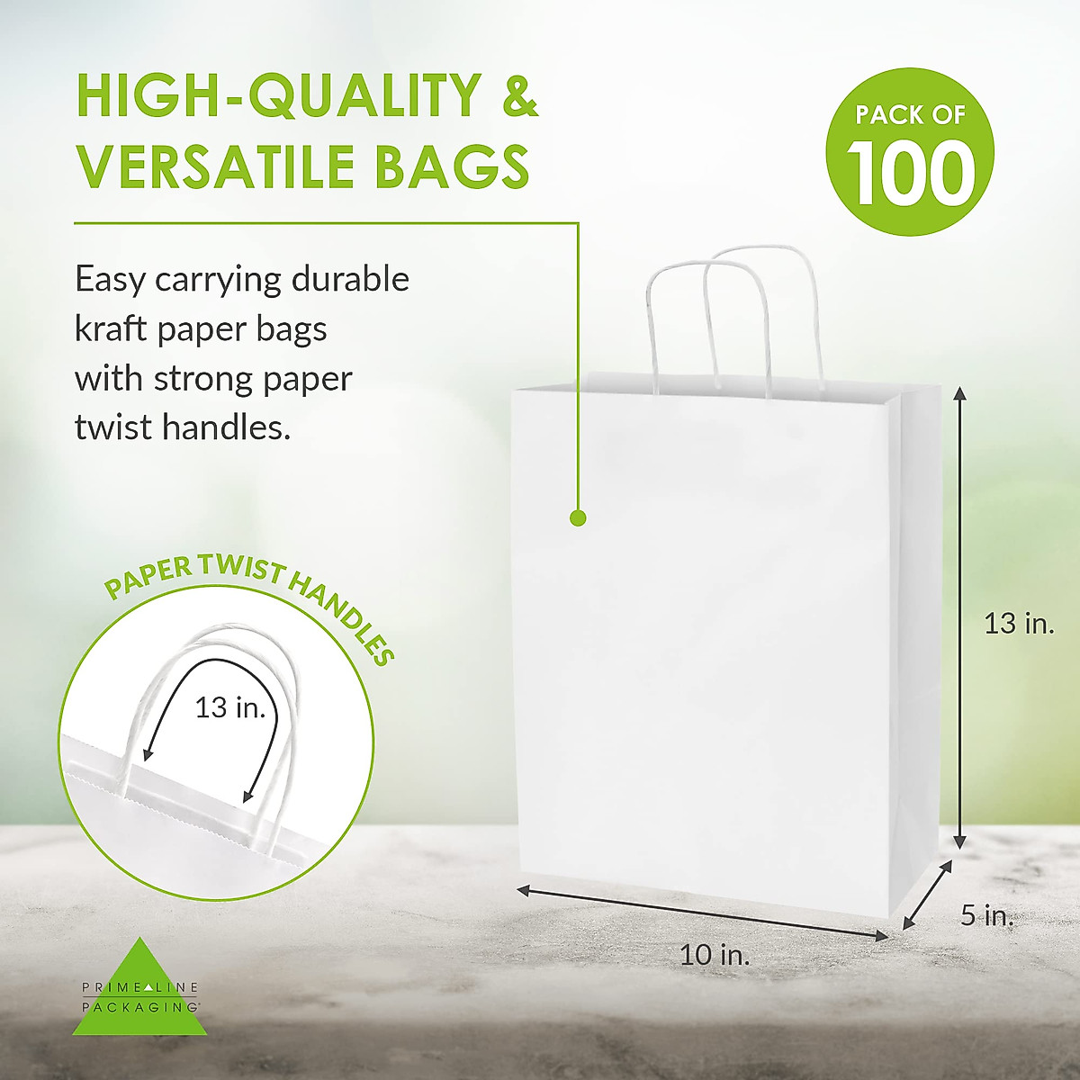 Prime Line Packaging Medium White Gift Bags with Handles, Shopping Totes for Small Business, Boutiques, Merchandise, Parties, Bulk, 10x5x13 100 Pack