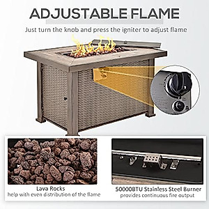 Outsunny 42" Propane Fire Pit Table, 50,000 BTU Wicker-Effect Auto-Ignition Gas Fireplace Fire Pits with Ceramic Tabletop, Steel Base, Lid, Lava Rocks and Cover, CSA Certification, Grey