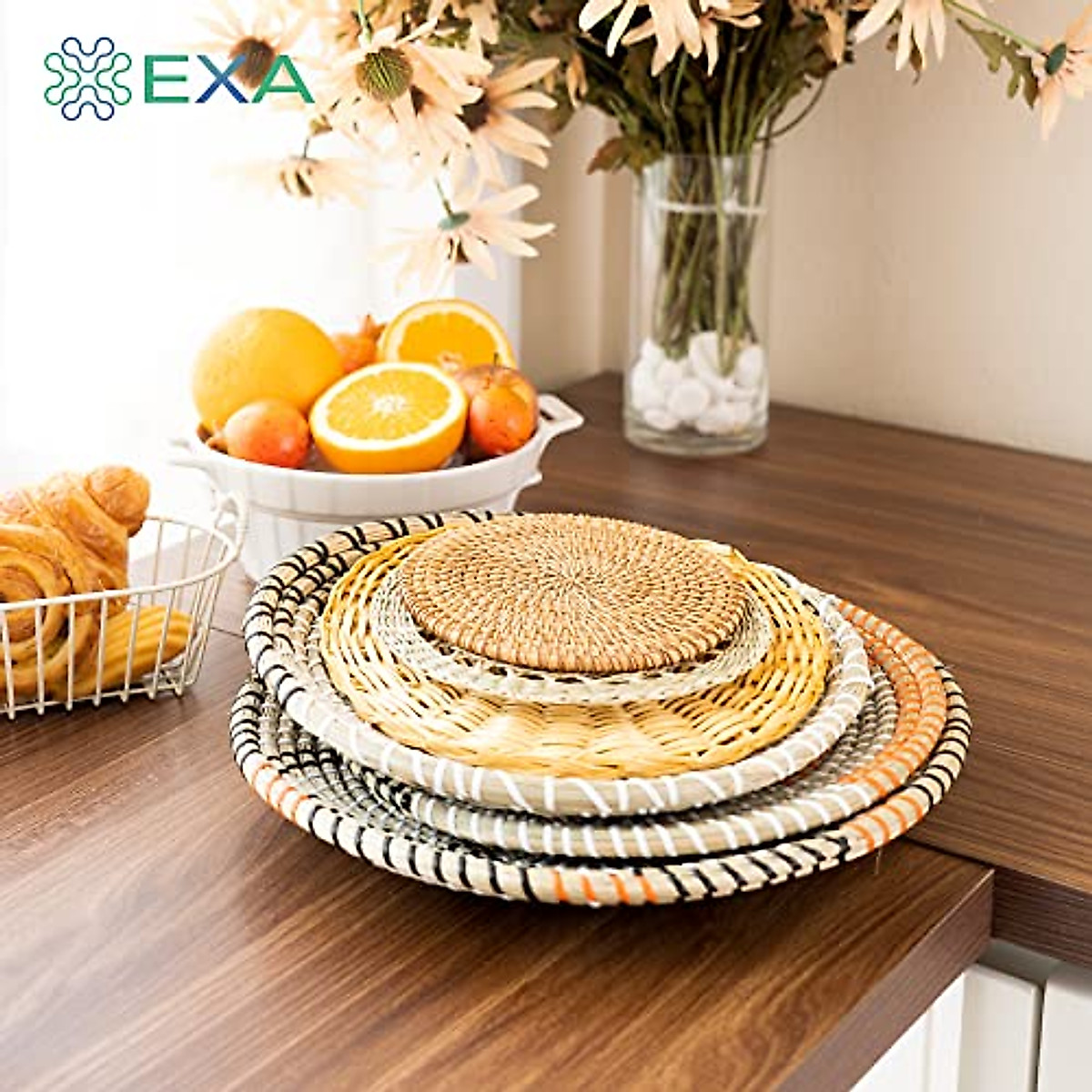 EXA Set of 6 Woven Wall Basket Orange Blossom Decor - Boho Farmhouse Rustic Room Style - for Thanksgiving Christmas Hanging Wall Art, Gift Idea, Table Settings - Handmade, Round, Natural Seagrass