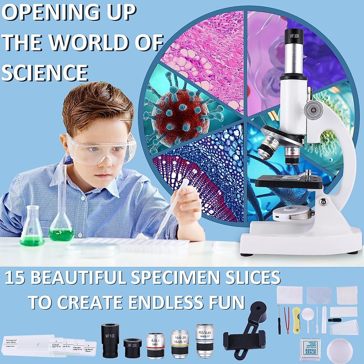 Microscope for Kids，40X-2000X Compound Microscope Mobile Phone Adapter with Microscope Slide Microscope kit for Home School Laboratories for Children Students