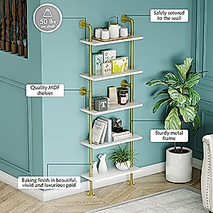 MAIKAILUN 5 Tier 67inch Gold Bookshelf, White and Gold Shelves, Modern Shelves Shelf Bookcase Metal Mid Century Open Industrial Wall Mount Accents Decor Retail Shelving Vertical for Living Room