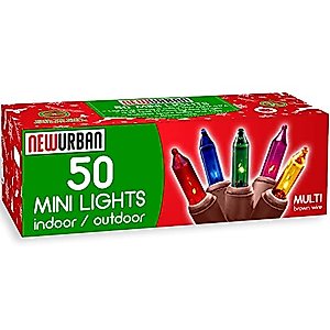 50 Christmas Mini Lights Set - 12.3 ft / 3.7 m - 120V - Multicolor Bulbs - Brown Wire - End to End - Decor Lights for Patio Garden Wedding Holiday Christmas Tree - Indoor and Outdoor Decorative Use