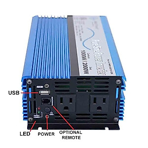 AIMS Power 1000 Watt, 2000 Watt Peak, Pure Sine DC to AC Power Inverter, USB Port, 2 Year Warranty, Optional Remote, Listed to UL 458