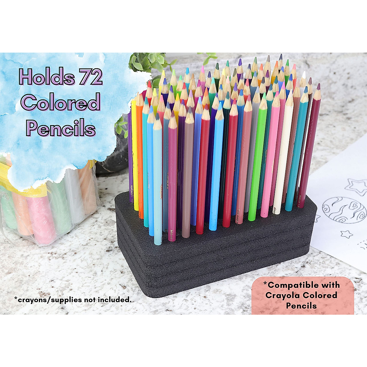 Polar Whale Colored Pencil Desk Stand Organizer Compatible with Crayola and Others Design Storage Tray Supply Non-Scratch Non-Rattle Washable Durable Black Foam Holds 72
