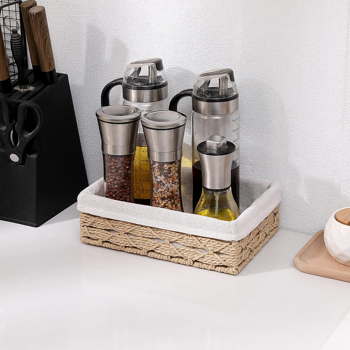 Sopsele Small Wicker Baskets for Organizing,Paper Rope Storage Basket，Desk Basket With Liner,Hand Towel Baskets, Baskets for Drawer Organizing, Toilet Tank Basket, Set of 2 Beige