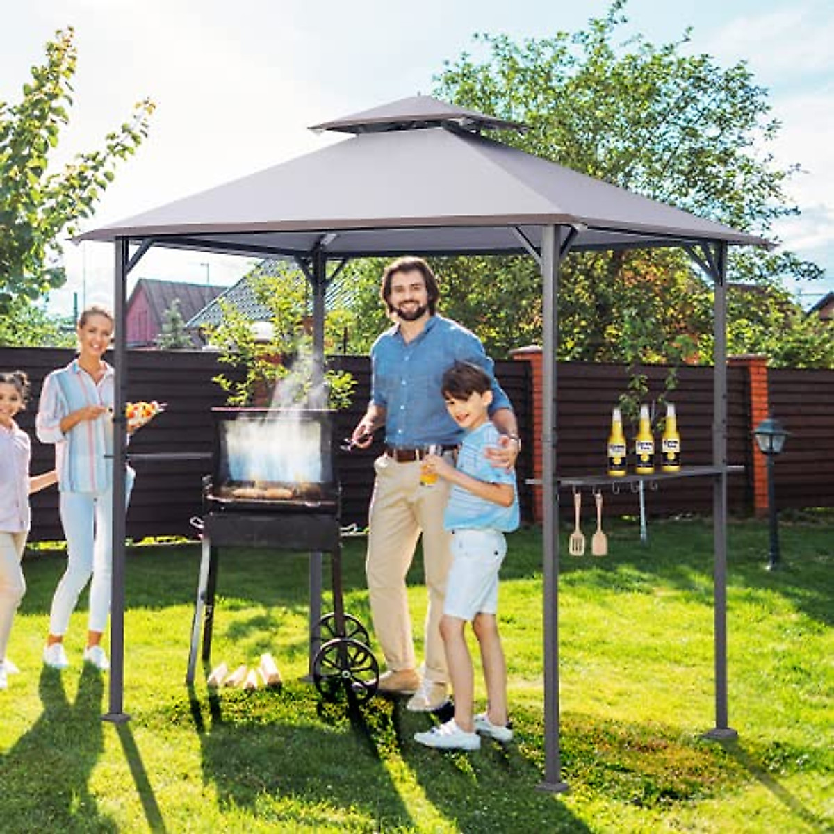 Easylee 8' x 5' Grill Gazebo for Outdoor BBQ, Steel Frame Gazebo with LED Lights and Hook, Double Tiered Barbecue Canopy Tent (Dark Grey)