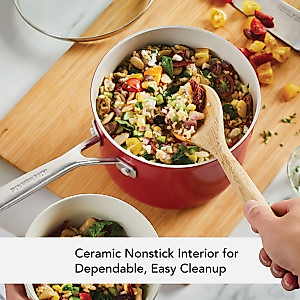 KitchenAid Hard Anodized Ceramic Nonstick Cookware Sauce Pan with Lid, 3 Quart, Empire Red