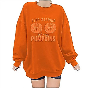 Women Sweatshirt Casual Loose Fit Trendy Print Graphic Sweatshirts Long Sleeve Shirts Crew Neck Pullover Shirts Orange