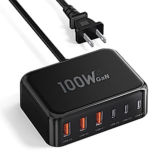 USB C Charger Block, 100W GaN 6 Port Fast C Type USB C Charging Station Hub, USB C Wall Charger Power Strip Adapter 3 USB C 3 QC USB A for iPad iPhone 14 13 12 11 Pro Max Pixel Note Galaxy, 5ft Cord
