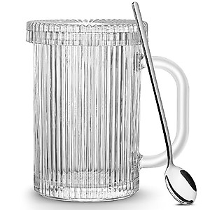 Qipecedm Clear Glass Coffee Mug with Lid, 13 oz Classic Vertical Stripes Coffee Cups, Premium Glass Tea Mug for Hot/Cold Beverages, Ribbed Drinking Glassware Set for Latte, Cappuccino, Tea and Juice