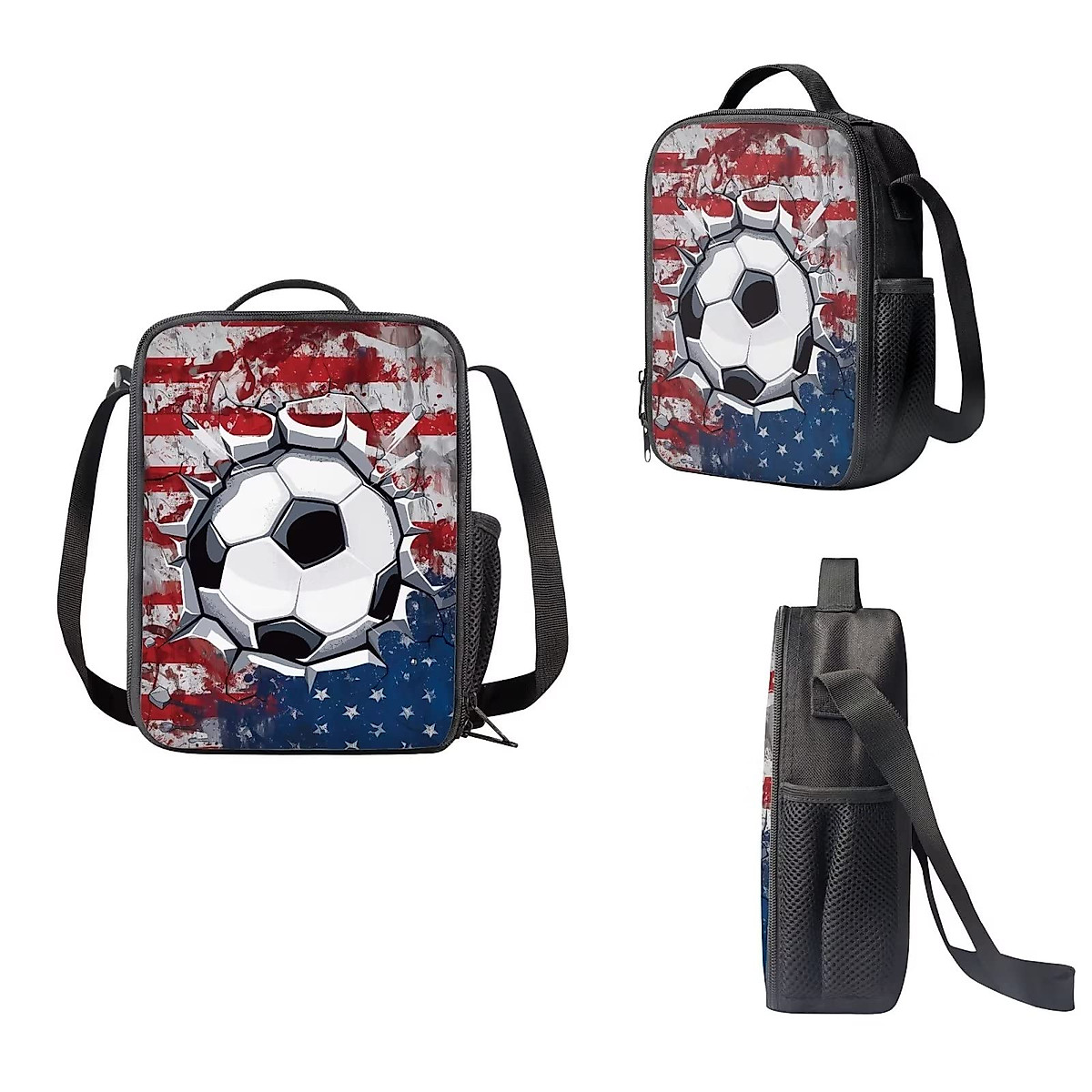 PCSJRKG Patriotic American Flag Casual Daypack Set for Teen Girls, 3D Soccer Backpack Set with Insulated Lunch Box and Pen Bag, Large Lightweight School Bag Set Suitable for Boys and Girls