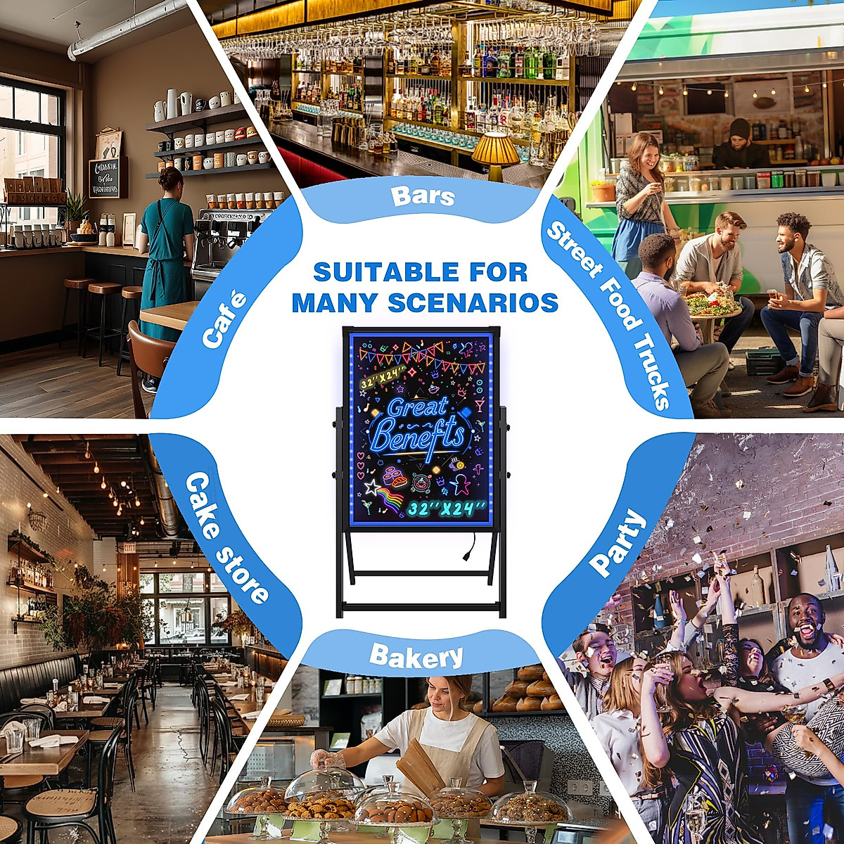 Hosim Standing A-Frame LED Message Writing Board, 24” x 16" Illuminated Erasable Neon Effect Restaurant Menu Sign, Flashing Mode DIY Message Chalkboard for Kitchen Wedding Promotions