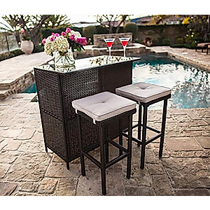 SUNCROWN Outdoor Bar Set 3-Piece Rattan Wicker Patio Furniture, Glass Bar and Two Stools with Cushions and 9 FT Patio Umbrella for Patios, Backyards, Porches, Gardens or Poolside, Sky Blue