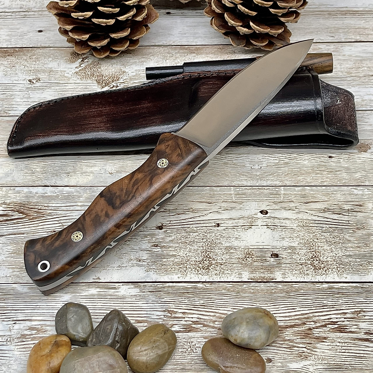 Handmade Fixed Blade Outdoor Knife with Sheath – Hunting, Bushcraft, Self Defense Bowie Knife – Tracker Knife with Wooden Handle & N690 German Bohler Steel Blade – Leather Sheath & Flint Rod Included