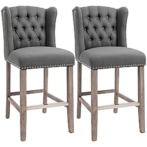 HOMCOM Counter Height Bar Stools Set of 2, Upholstered 26.75" Seat Height Barstools, Breakfast Chairs with Nailhead-Trim & Tufted Back, Wood Legs, Deep Grey