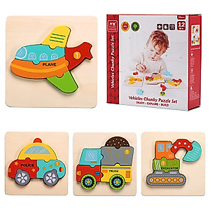Phoohi Wooden Puzzles for Toddlers 1-3 Years 4pcs Vehicle Traffic Puzzles Early Learning Educational Montessori Preschool Wooden Toys for 2 Year Old Boys Gift