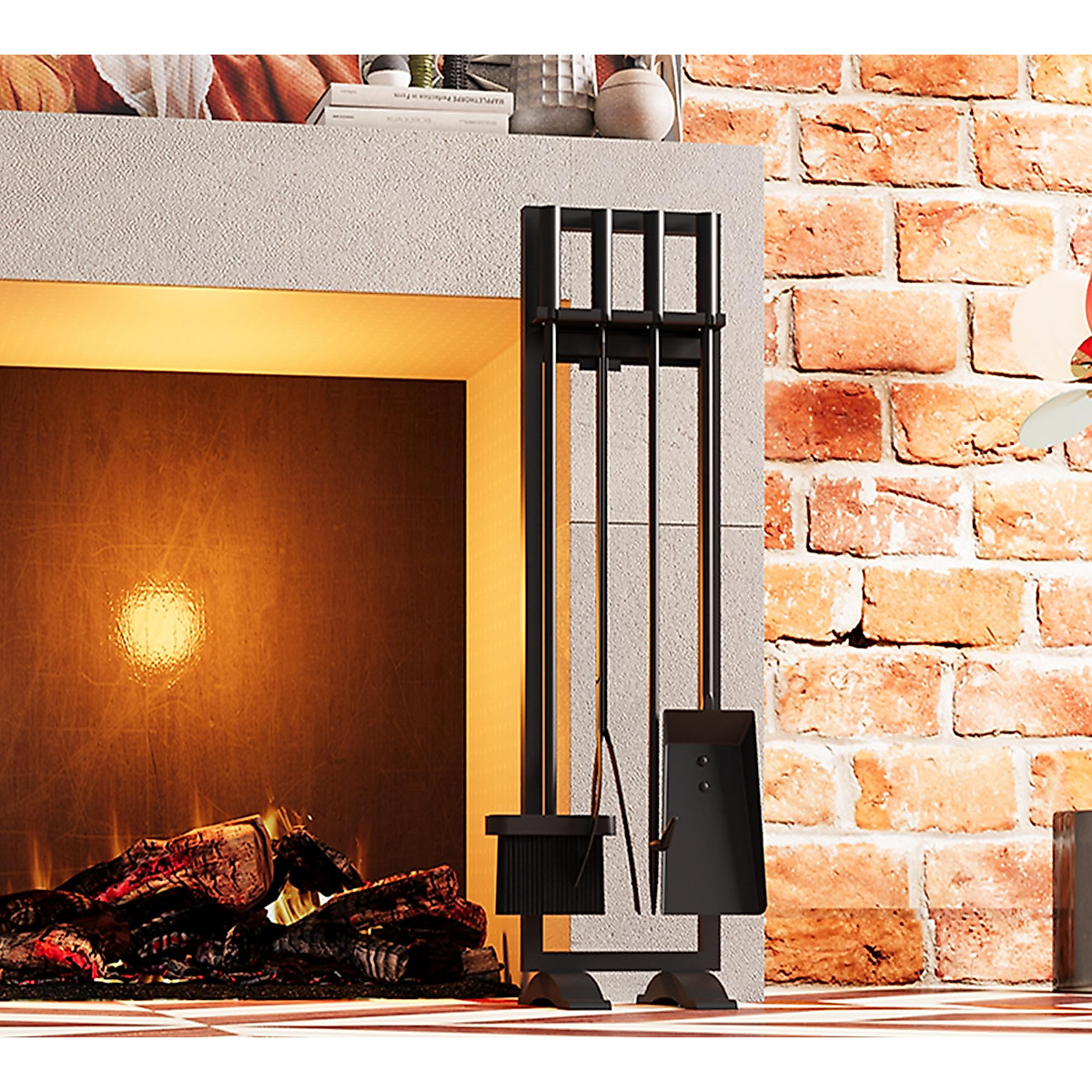 Fire Beauty Fireplace Tools Set 5 Pieces Fireside Accessories Fire Kit Stand Woodstove Tools Holder Wrought Iron Handle Indoor Fireset Stand