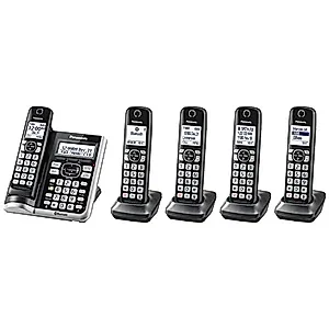 Panasonic Link2Cell Bluetooth Cordless Phone System with Voice Assistant, Call Block and Answering Machine, Expandable Home Phone with 5 Handsets â€“ KX-TGF575S (Black with Silver Trim)