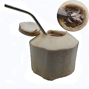 11 Pieces Coconut Opener Tool Set, Include 1 Coconut Opener Tool with Black Rubber Handle, 1 Stainless Steel Coconut Meat Removal Knife, 1 Straight St, 2 Bent Sts, 1 Cleaning Brush and 1 Bag