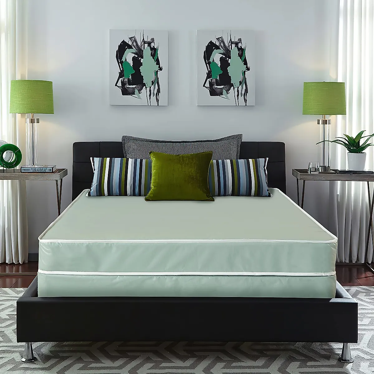 Greaton, 9-Inch Medium Firm Water-Resistance Vinyl Innerspring Mattress & 8” Wood Box Spring Set, Experience Superior Support and Comfort with Clean and Safe Sleep, Full XL, Green