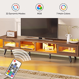 Bestier Mid Century Modern TV Stand for 75 inch TV, LED Entertainment Center with Storage and Sliding Doors, Low Profile TV Consoles for Living Room, Ancona Walnut